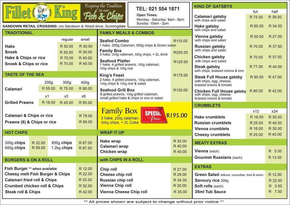 Menu at Fillet King restaurant, Cape Town, Shop G28