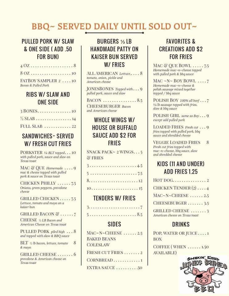 Menu at Jones Bones BBQ & Grub, Grafton