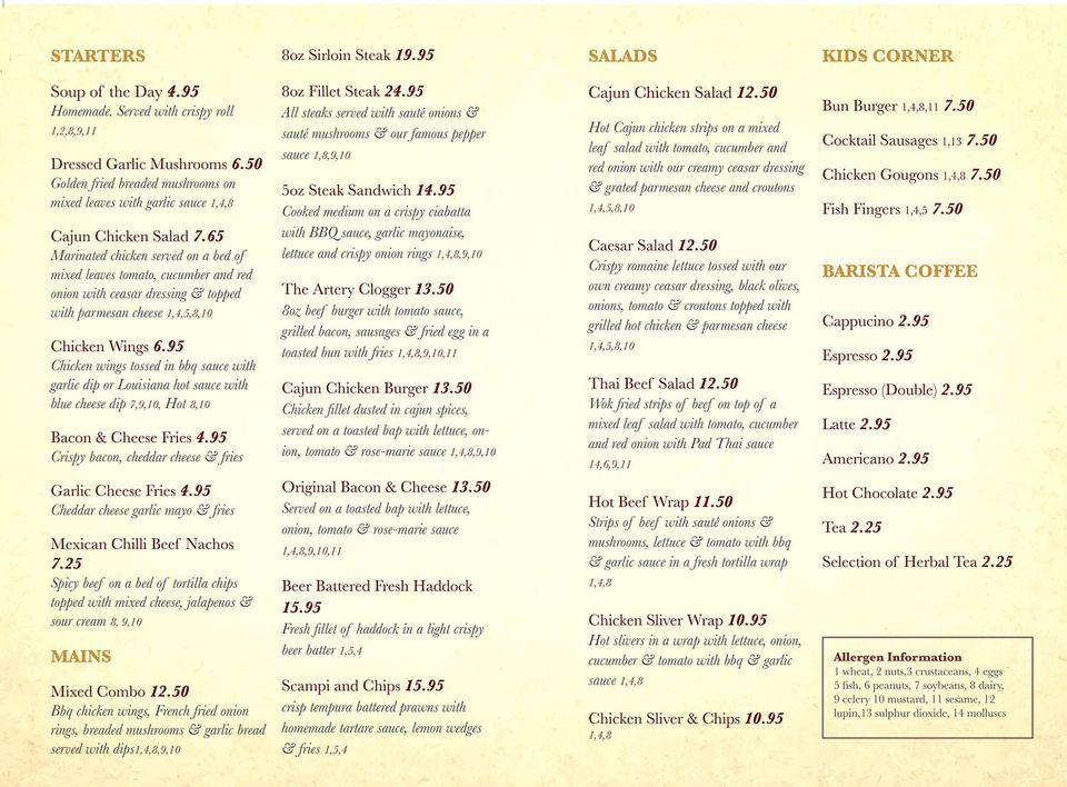 Menu at THE TREETOP RESTAURANT / THE STEERING WHEEL BAR, Clondalkin