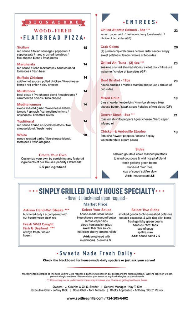 Menu at The Olde Spitfire Grille pub & bar, South Greensburg