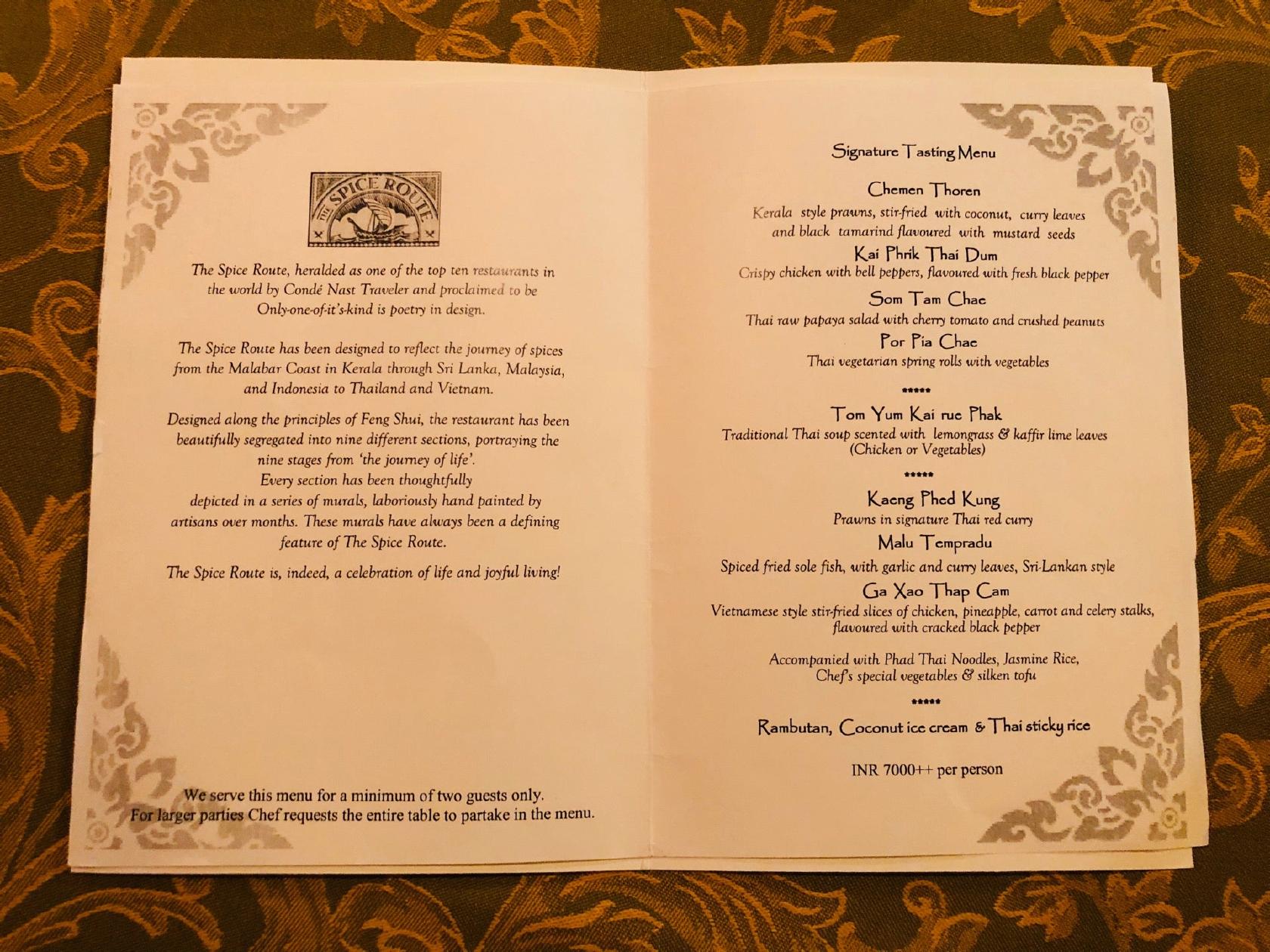 Menu at The Spice Route, New Delhi, The Imperial