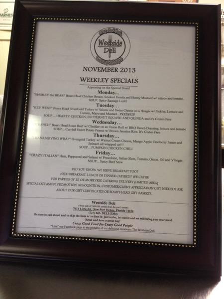 Menu at Westside Deli restaurant, New Port Richey