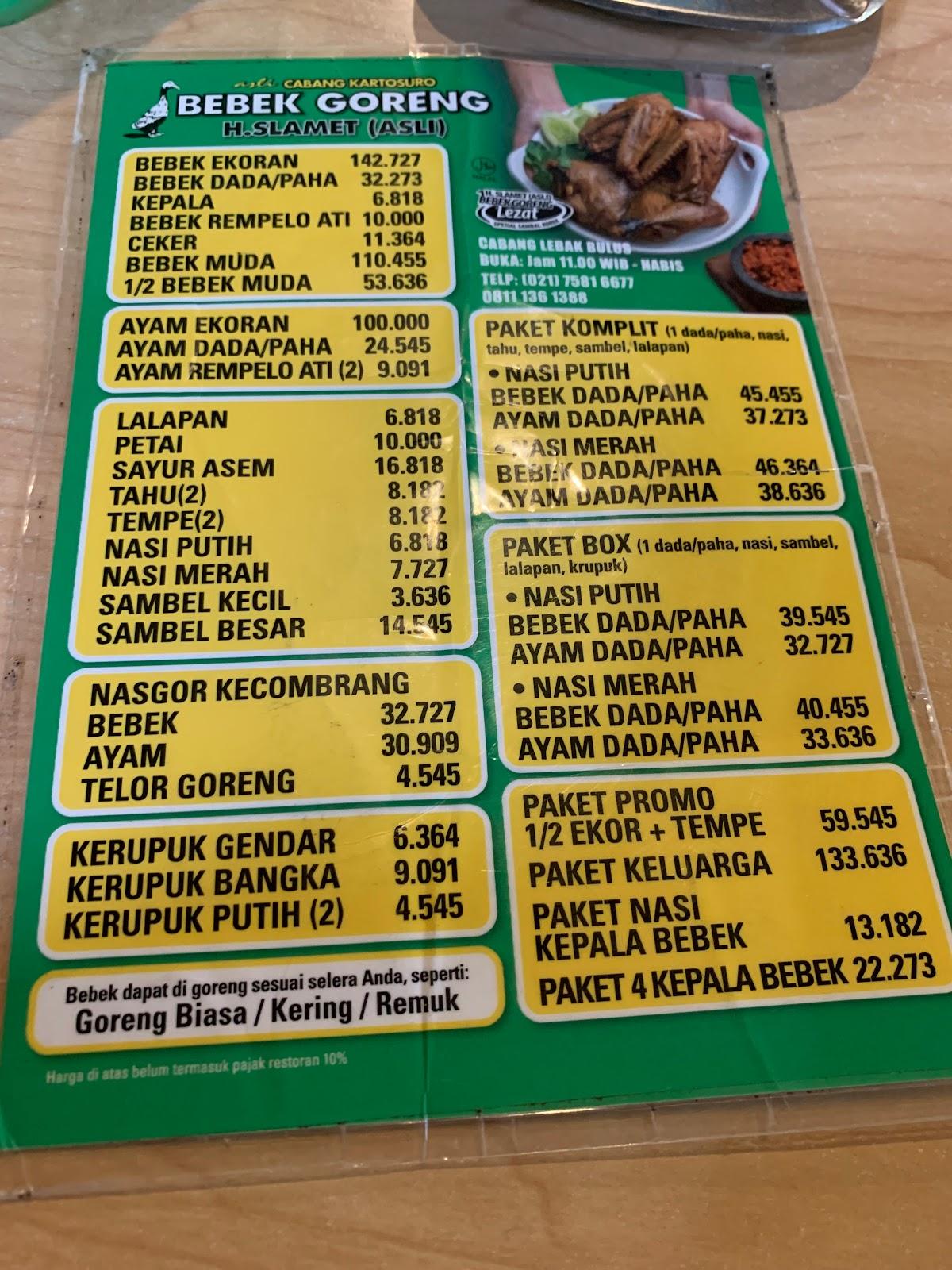 Menu at Bebek Goreng H. Slamet Asli restaurant, South Jakarta, Jl. Lb ...