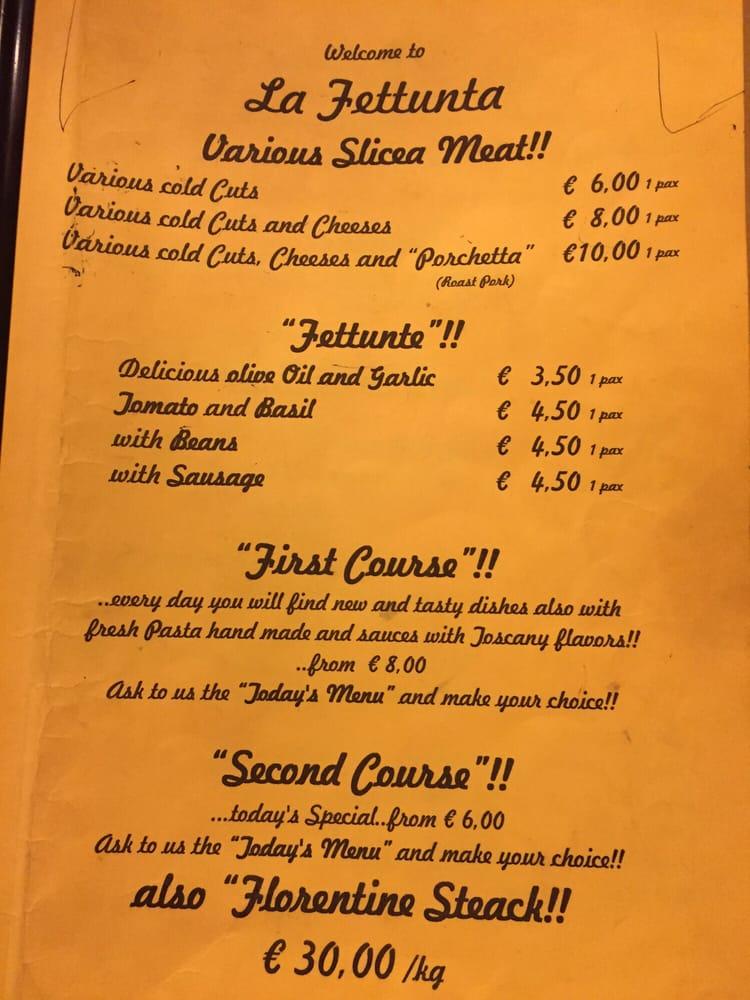 Menu at La Fettunta restaurant, Florence