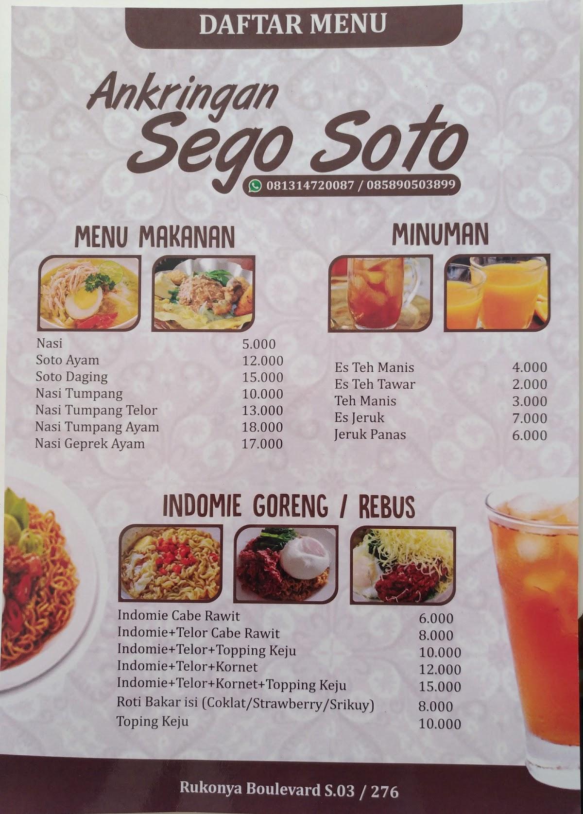 Menu at Angkringan Sego Soto cafe, Tangerang