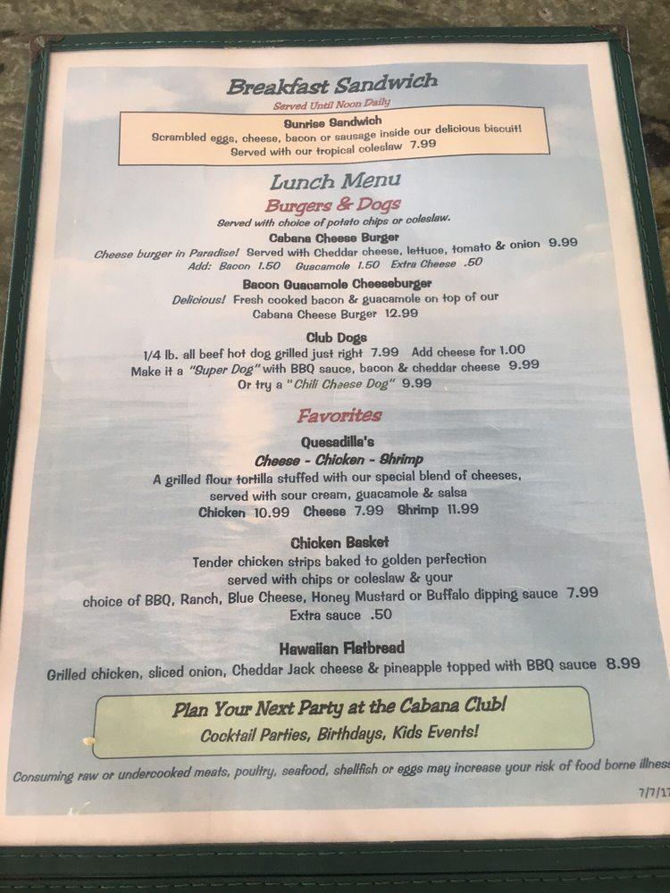 Menu at Cabana Club, Key Colony Beach, 425 East Ocean Drive