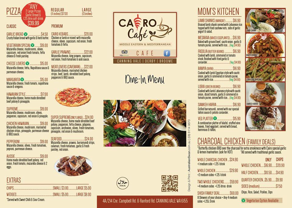 Menu at Cairo Cafe, Broome