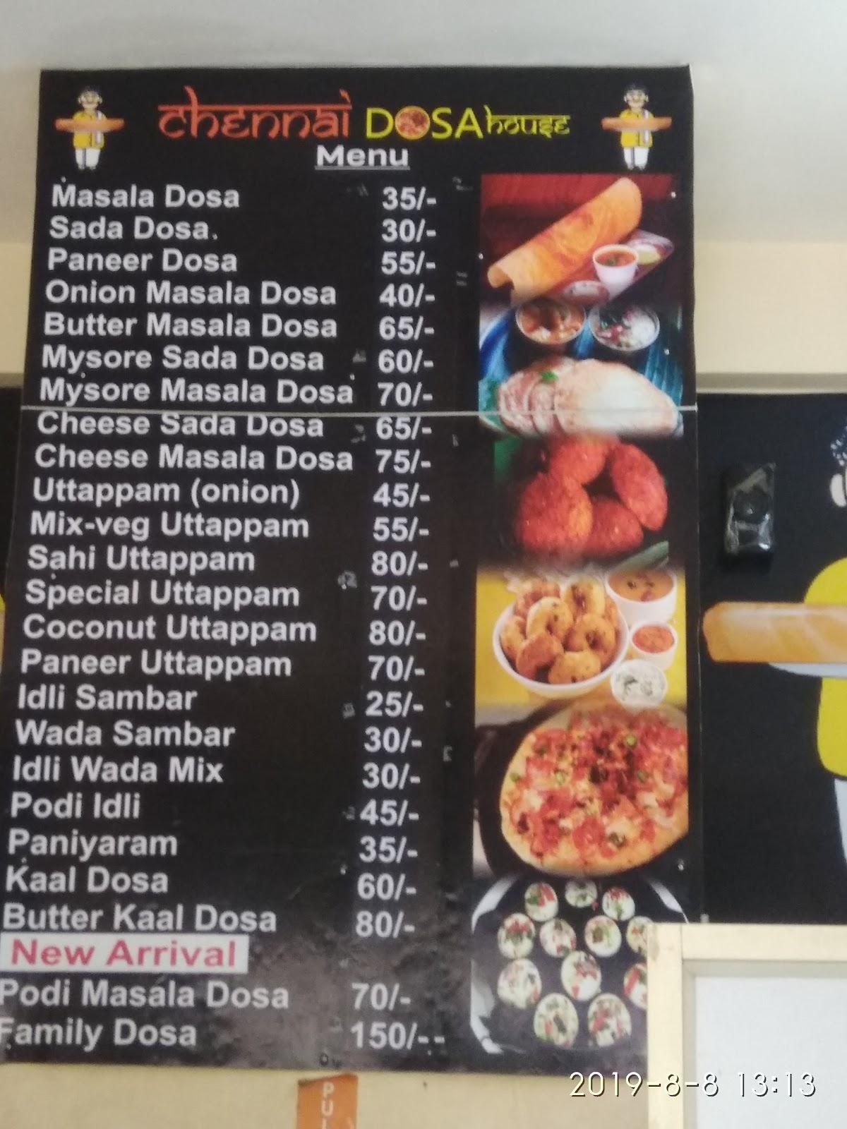 Menu at Chennai Dosa House, Bhopal, water tank