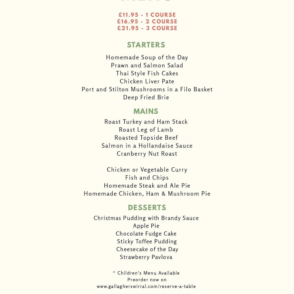 Menu at Gallaghers at Wirral Golf Club, Birkenhead
