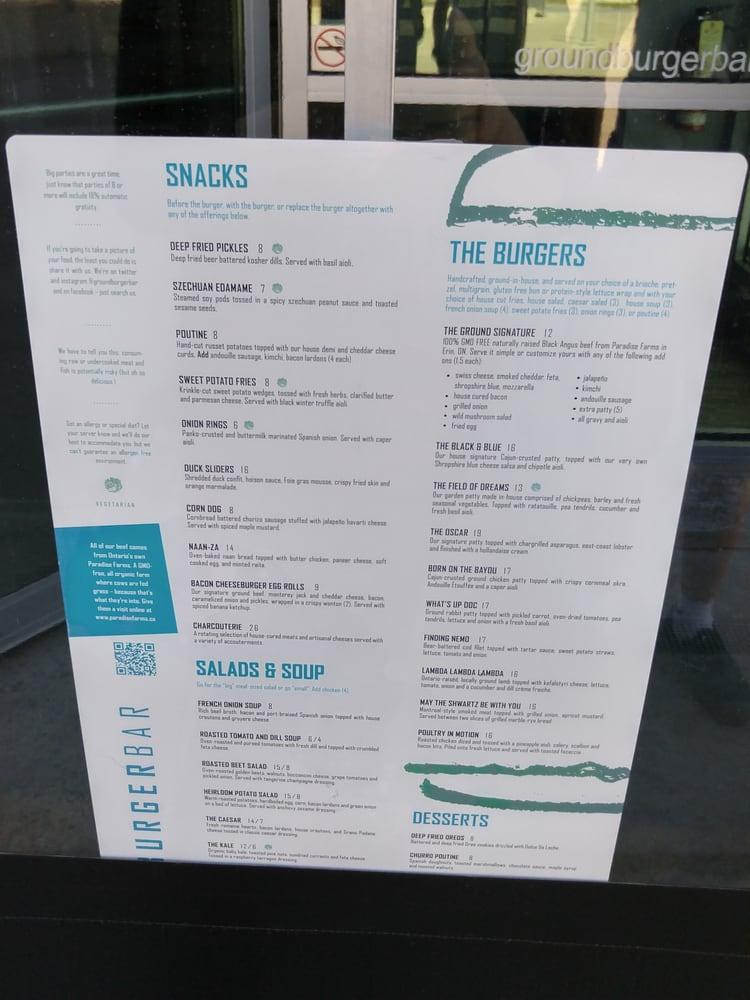 Menu at Ground Burger Bar, Newmarket
