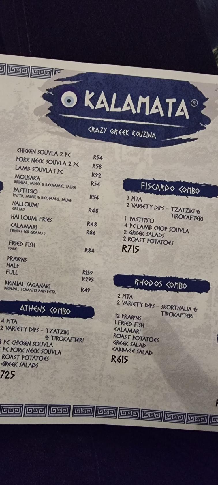 Menu at Kalamata Kouzina restaurant, Durban