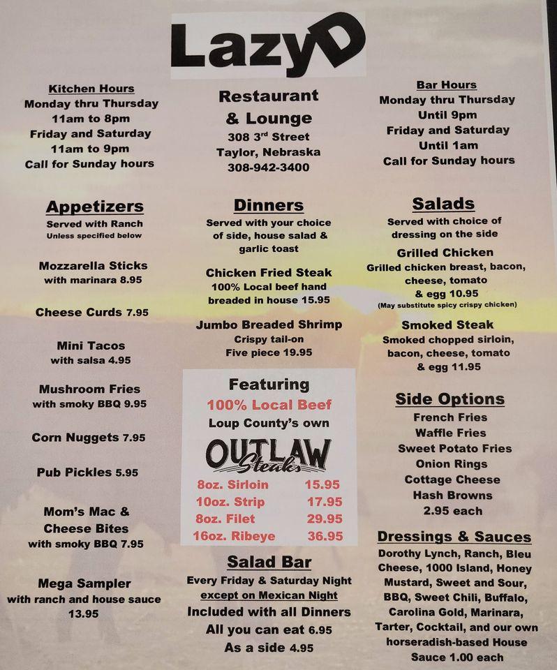 Menu at Lazy D Restaurant and Lounge, Taylor
