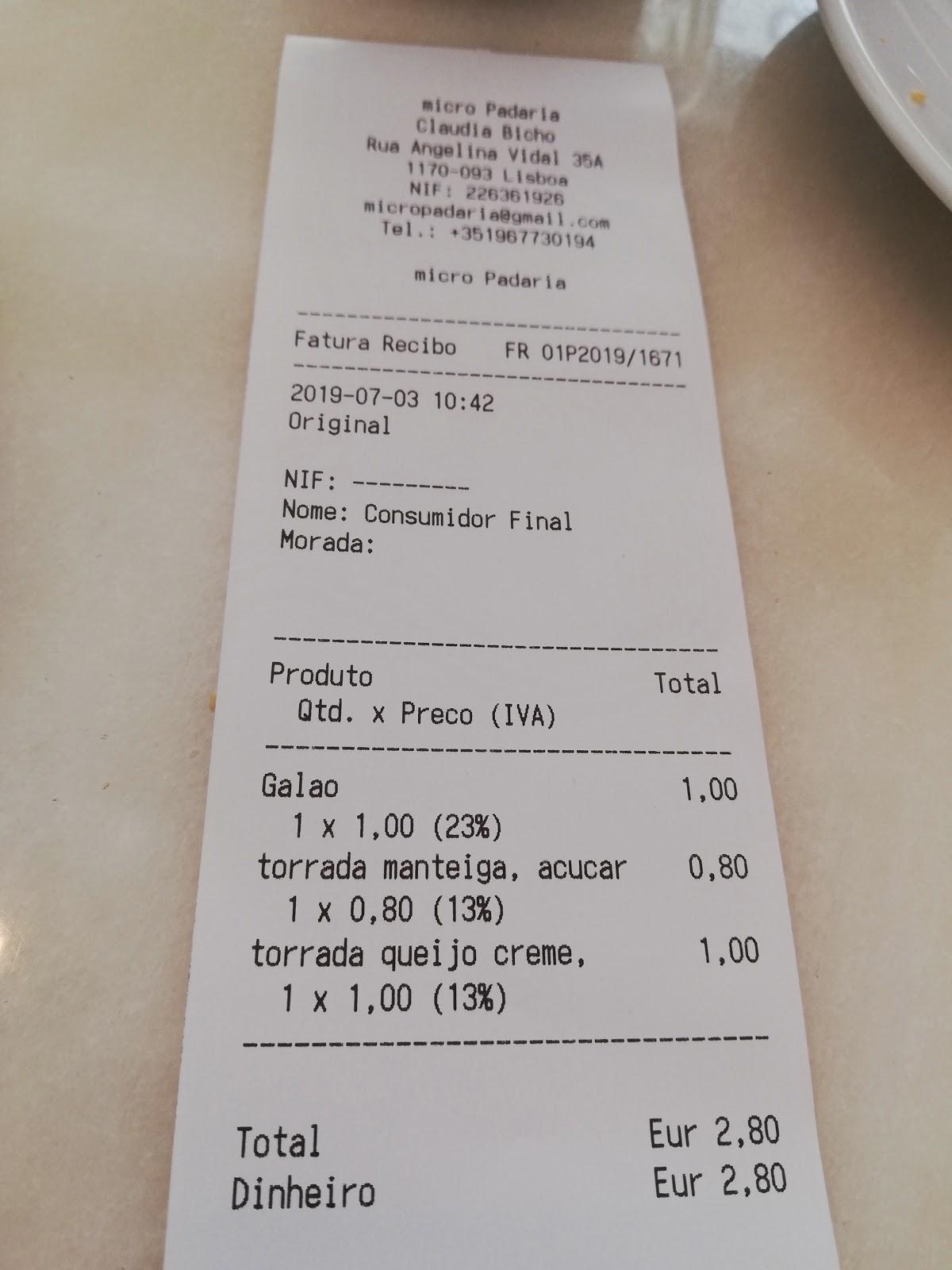 Menu at Micro Padaria, Lisbon
