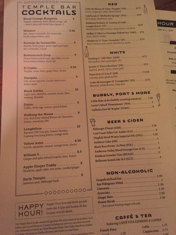 Menu at The Temple Bar, Bellingham