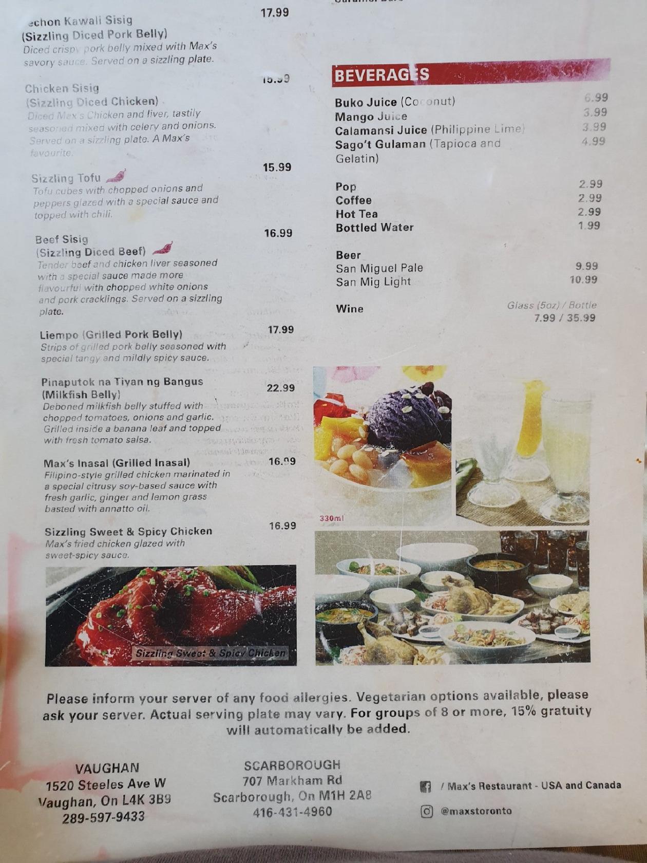 Menu at Max's Restaurant, Cuisine of the Philippines, Vaughan, Vaughan ...