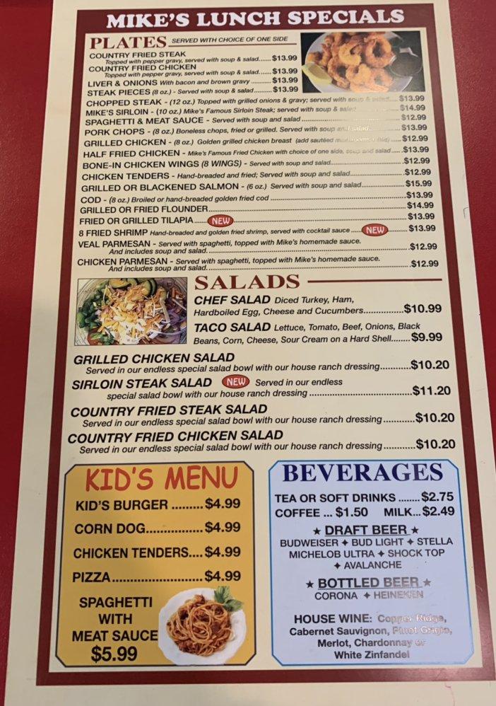 Menu at The Original Mike's Grill steakhouse, Bartow