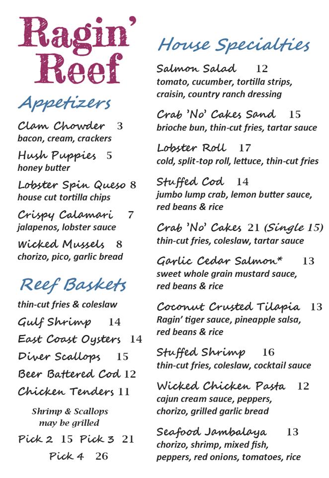 Menu at ragin' reef restaurant, Frederick, 506 E Church St
