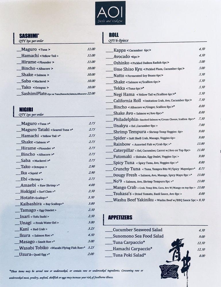 Menu at AOI Sushi & Izakaya restaurant, Boulder