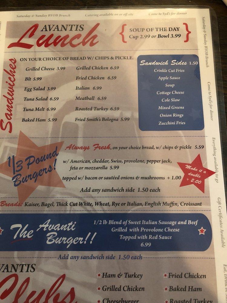 Menu at Avanti's restaurant, Erie