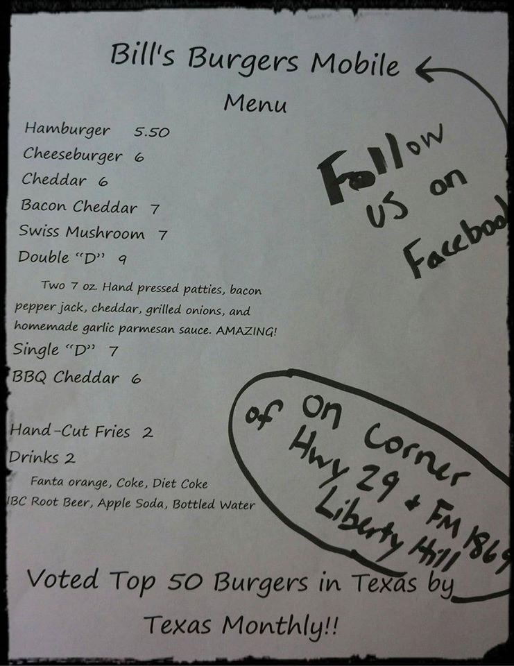 Menu at Bills Burgers Mobile restaurant, Liberty Hill