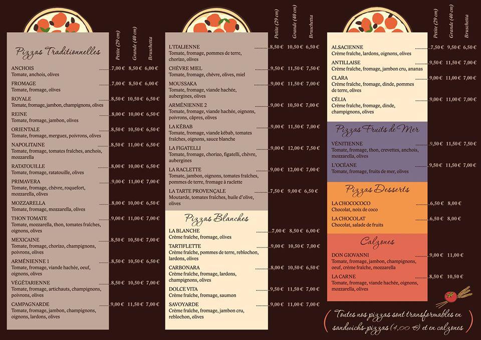 Menu at Chez Don Giovanni pizzeria, Forcalquier