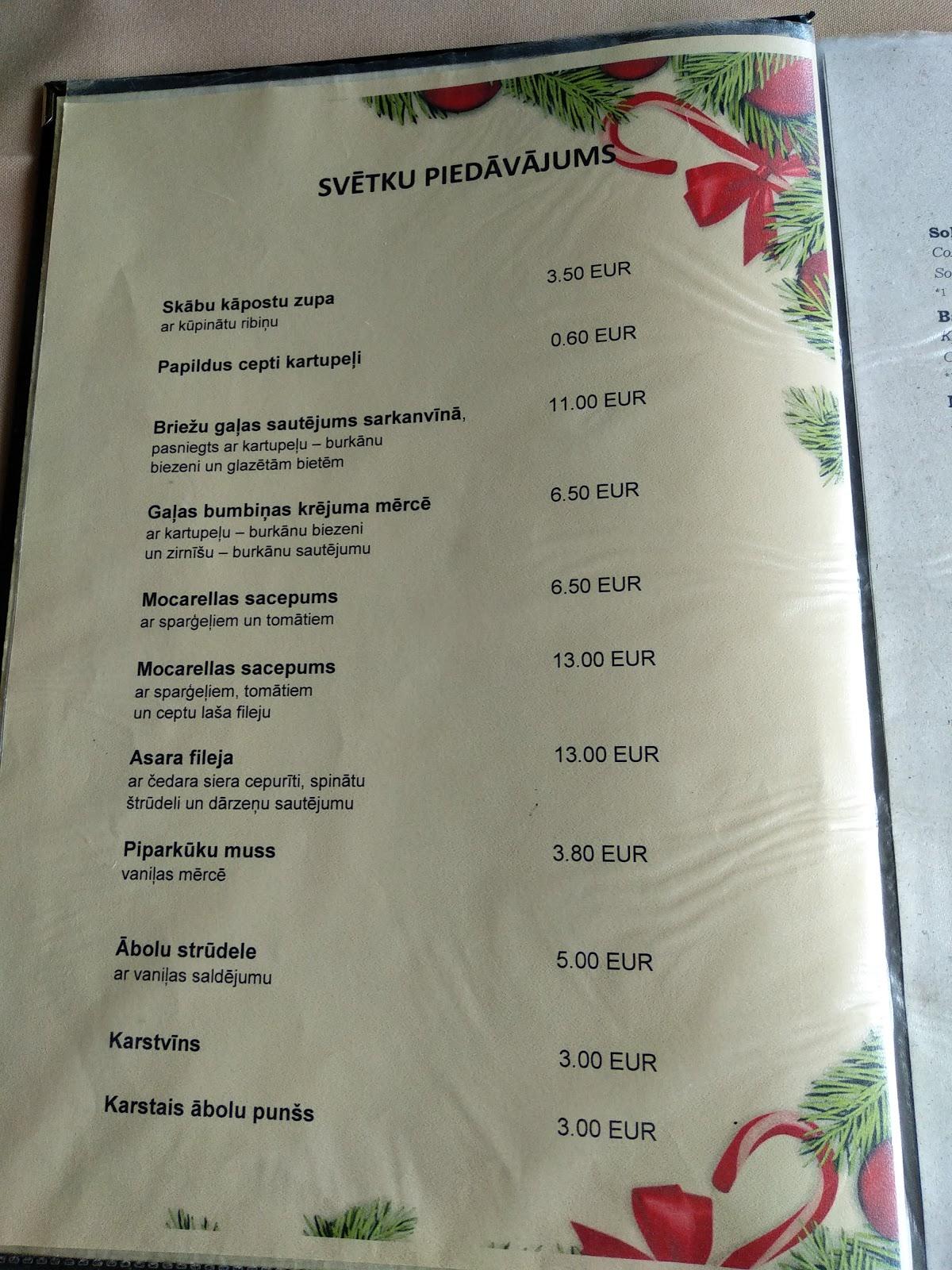 Menu at Igates pils Dzirnavu krodziņš cafe, Igate