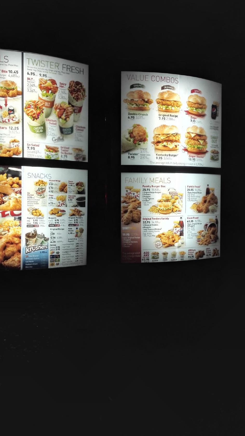 Menu at KFC fast food, Fawkner