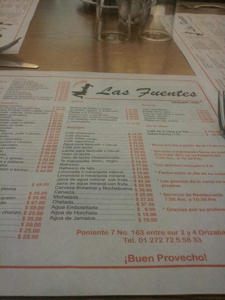 Menu at Las Fuentes restaurant, Orizaba, Pte. 7 163