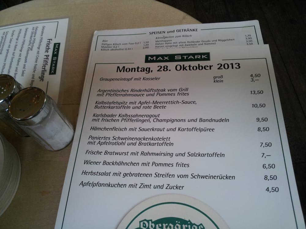 Menu at Max Stark restaurant, Cologne