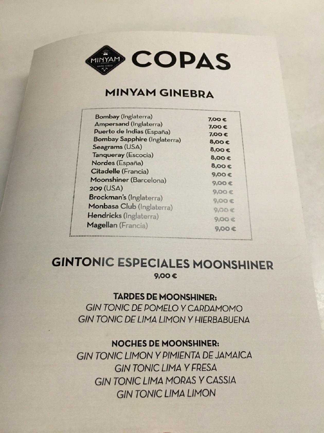 Menu at Minyam pub & bar, Barcelona
