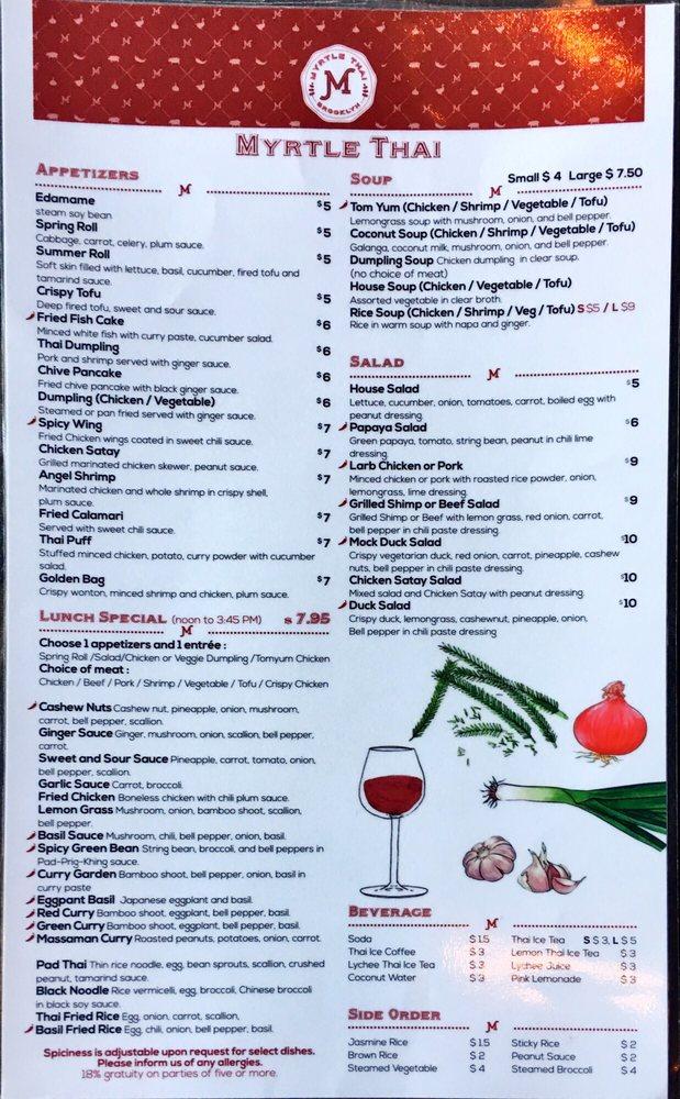 Menu at Myrtle Thai restaurant, New York City, 438 Myrtle Ave