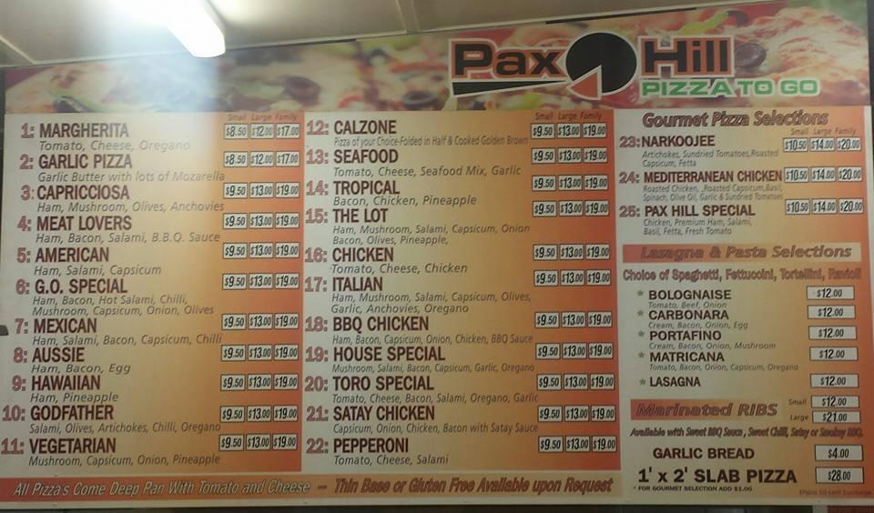 Menu at Pax Hill Pizza pizzeria, Traralgon