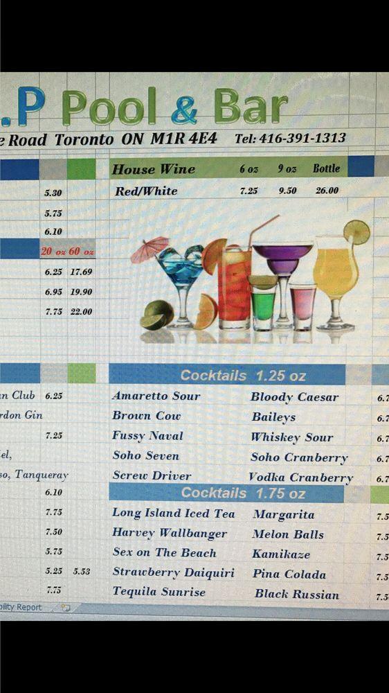 Menu at V.I.P. Pool & Bar Snooker Club, Toronto