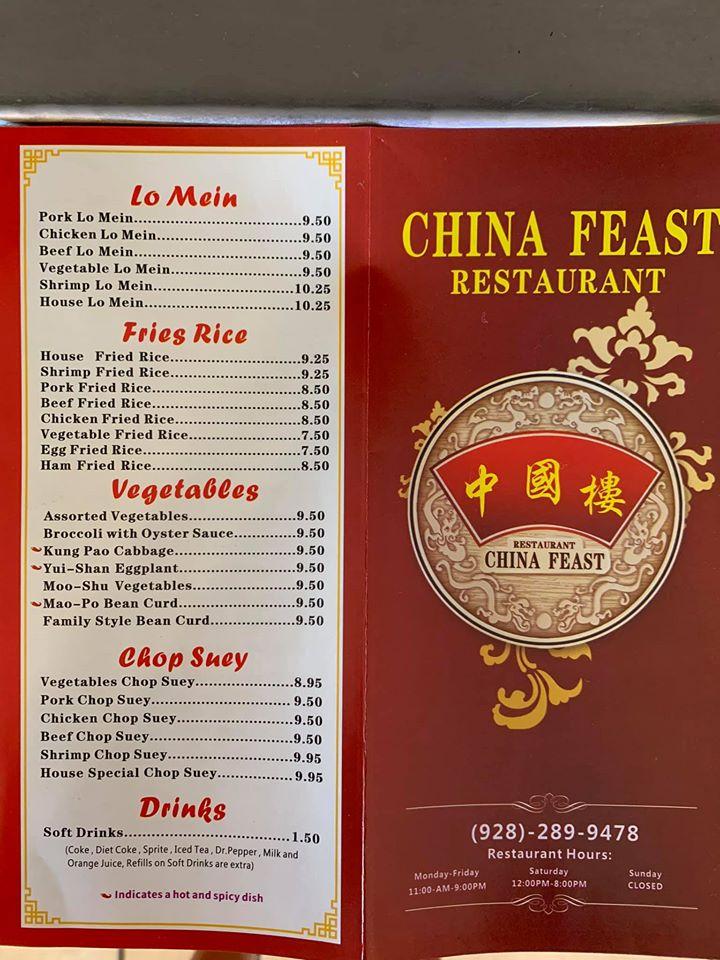 Menu at China Feast restaurant, Winslow