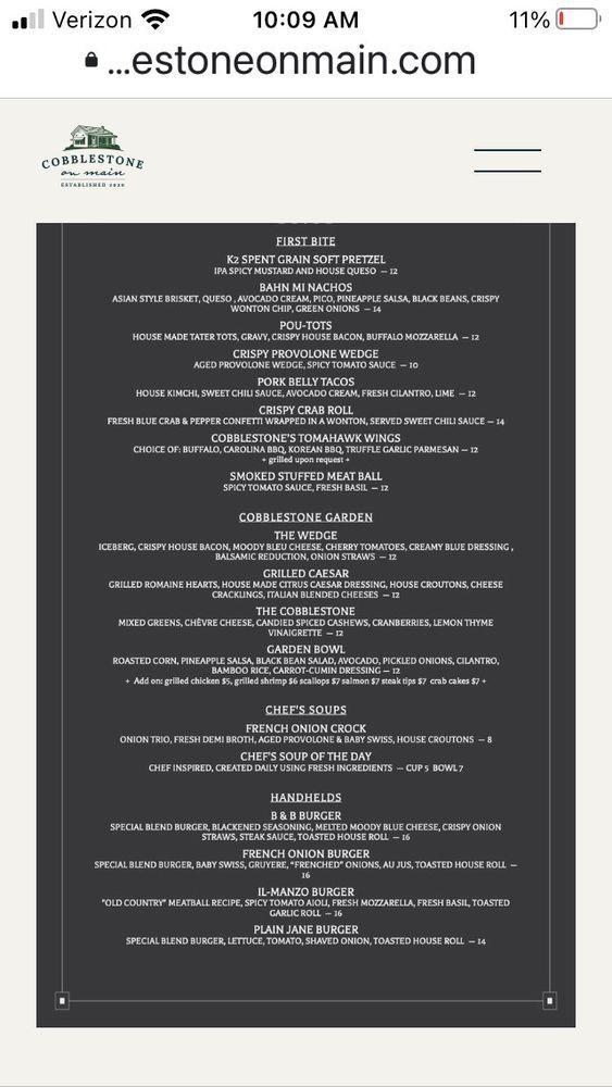 Menu at The Cobblestone on Main restaurant, Webster