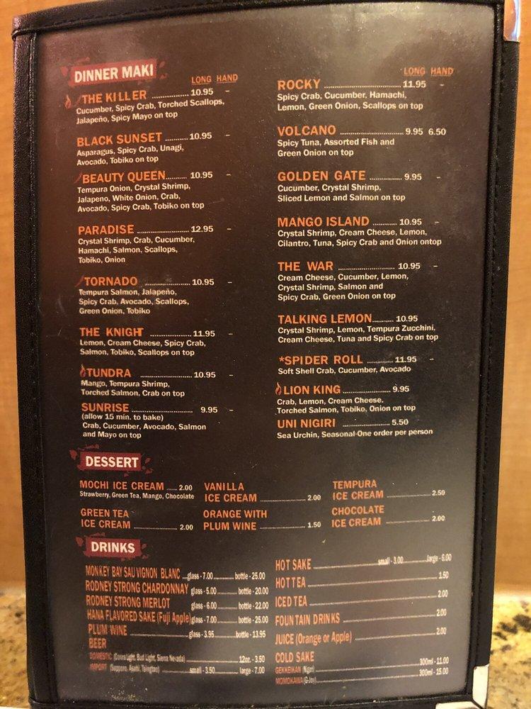 Menu at JJ's Sushi restaurant, Sparks