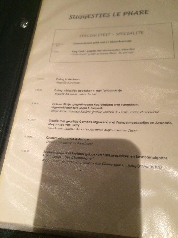 Menu at Le Phare, Knokke-Heist