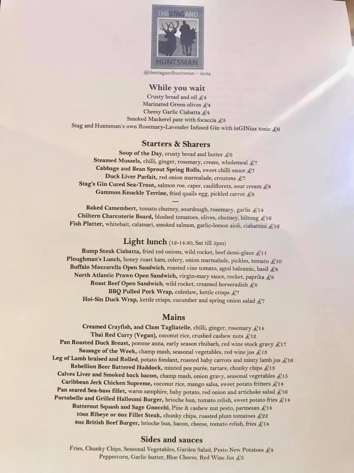 Menu at The Stag & Huntsman pub & bar, Henley-on-Thames, Hambleden Village