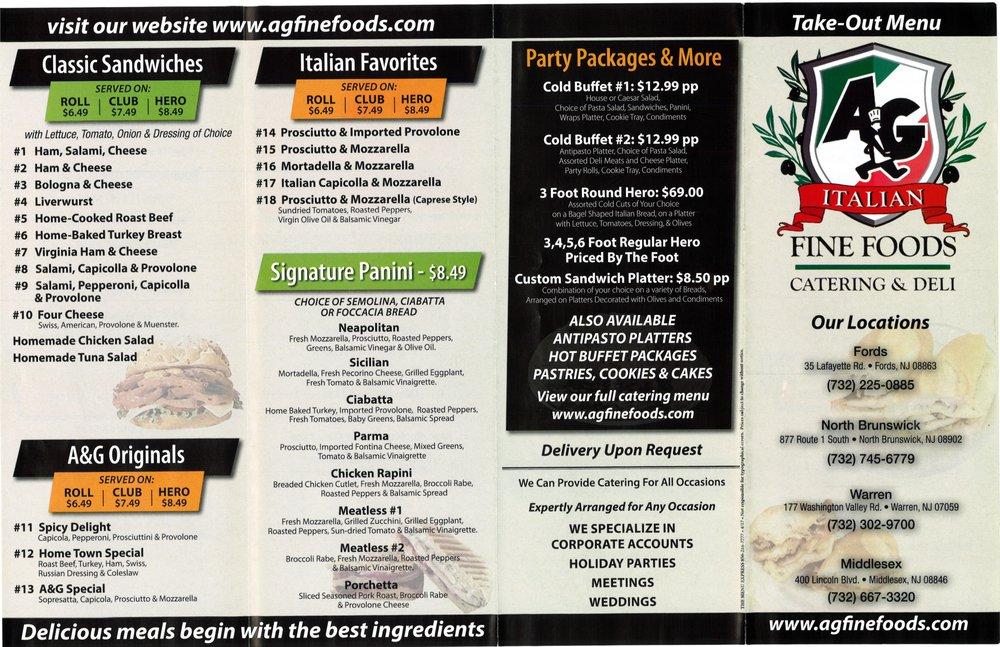 Menu at A&G Fine Foods, North Brunswick Township, 877 U.S. 1