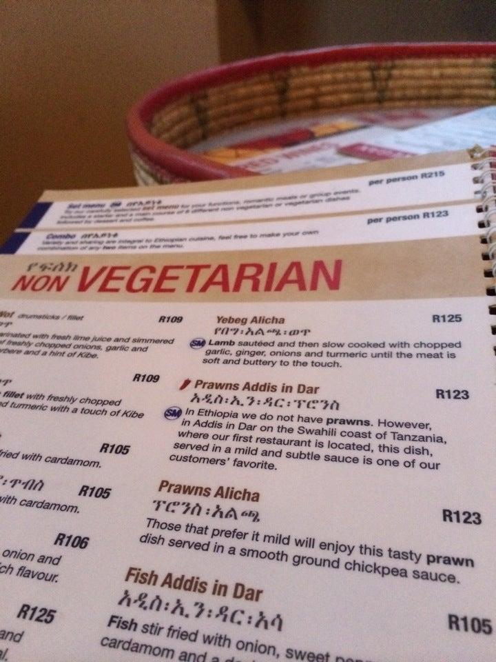 Menu at Addis in Cape Ethiopian Restaurant, Cape Town