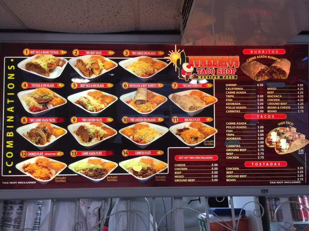 Menu at Humberto's Taco Shop restaurant, San Diego, S 43rd St