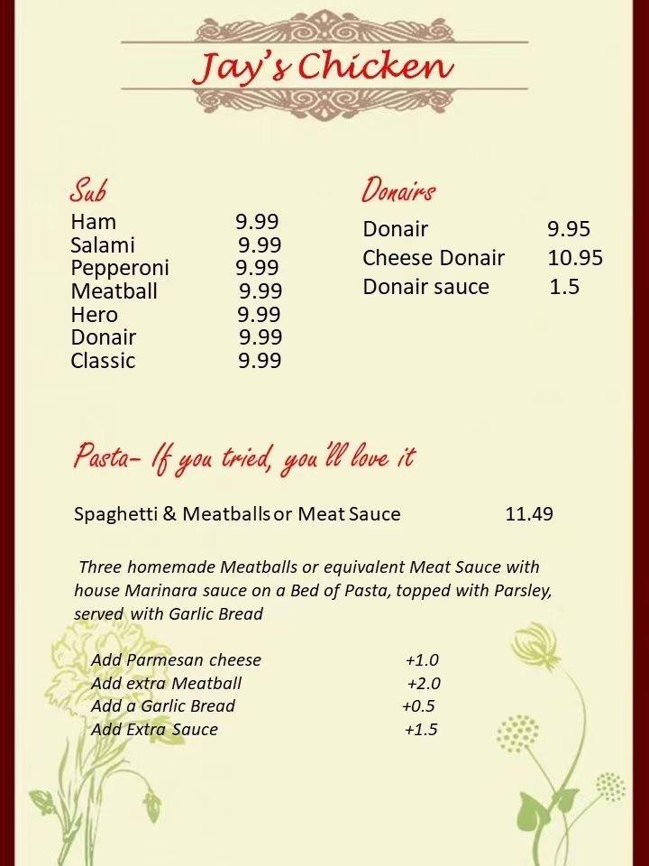 Menu at Jay's Chicken & Pizza pizzeria, Sydney