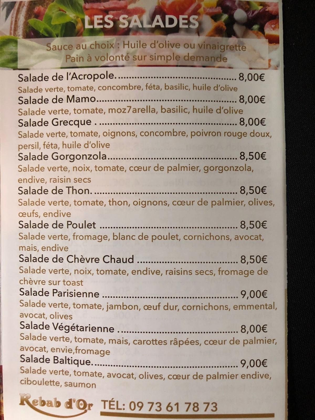 Menu au Kebab D'or restaurant, Béthune