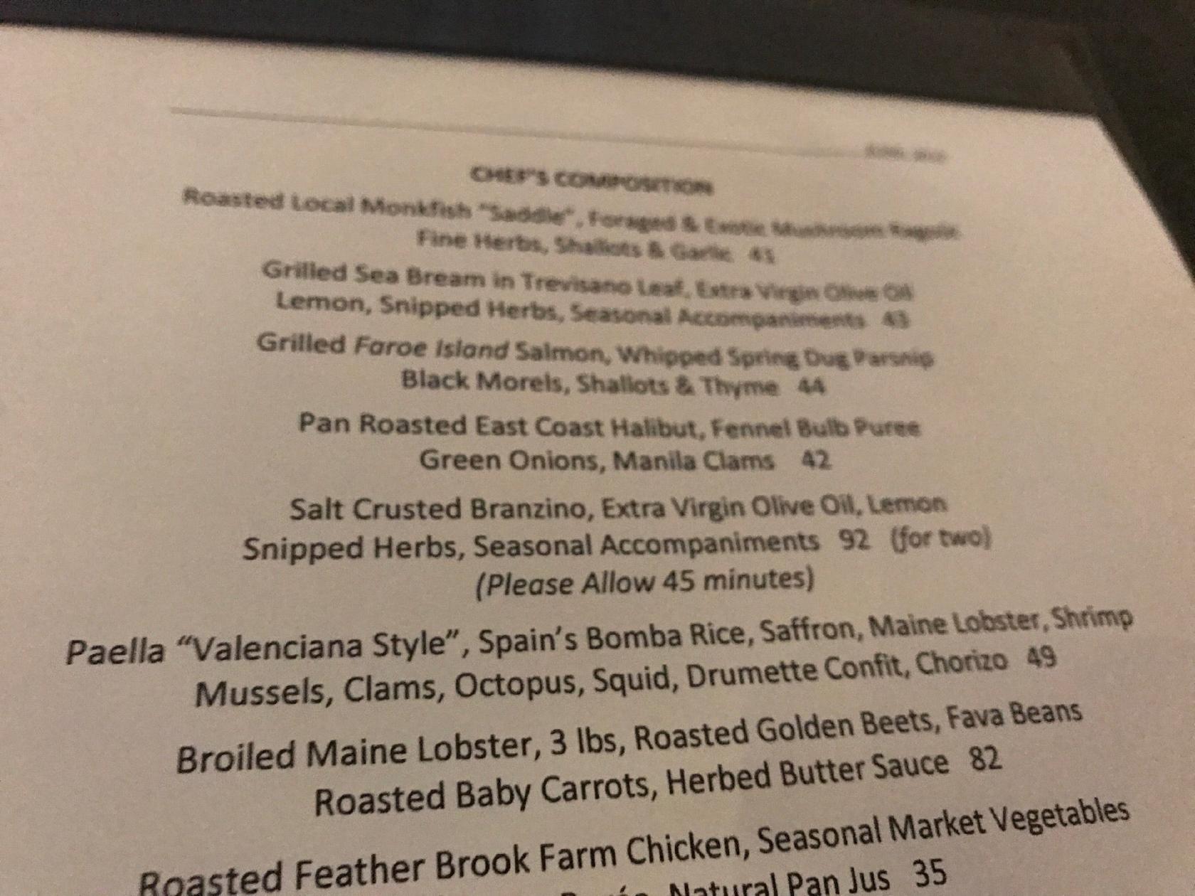 Menu at Ostra restaurant, Boston