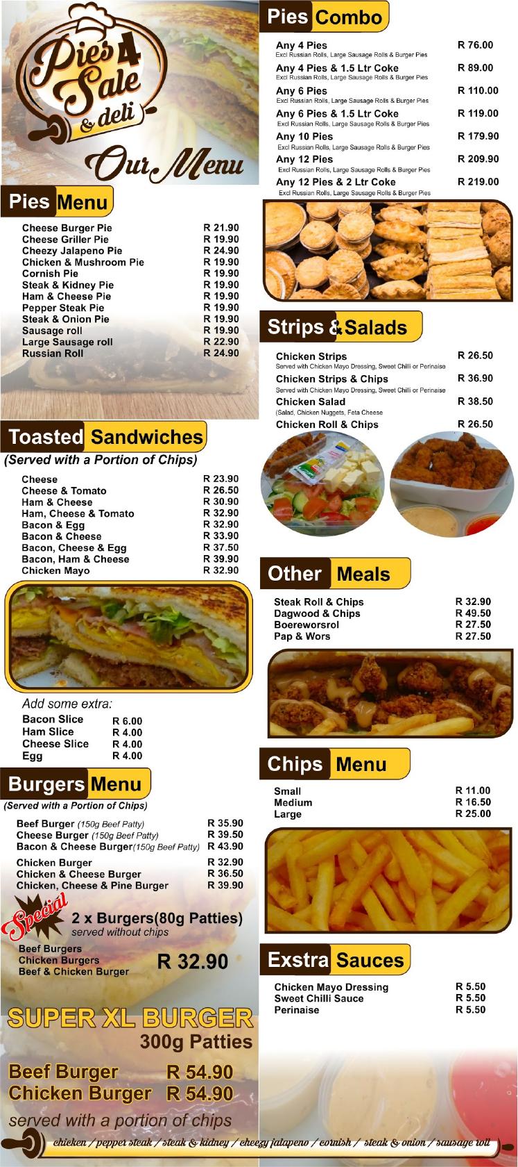 Menu at Pies 4 Sale & Deli restaurant, Welkom