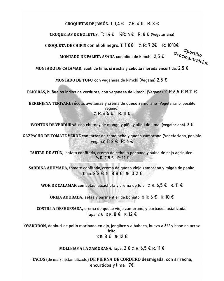 Carta del pub y bar Portillo del la Traición, Zamora, Calle Cervantes 5