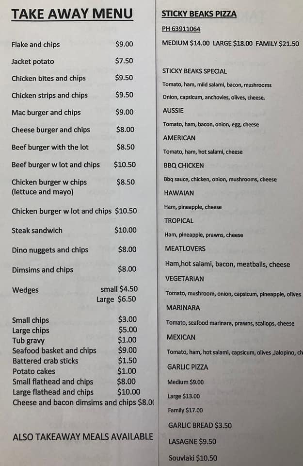 Menu at Sticky Beaks Pizza restaurant, Longford