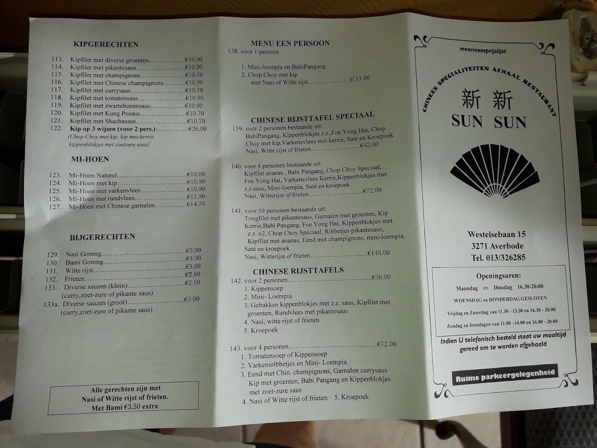 Menu at Sun Sun, Scherpenheuvel-Zichem
