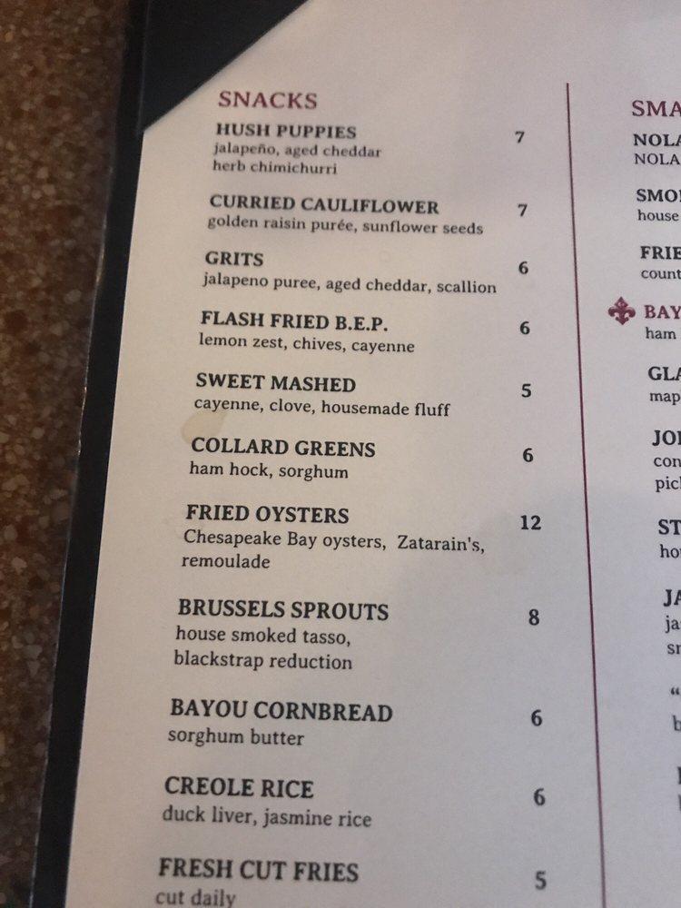 Menu at The Bayou restaurant, Bethlehem