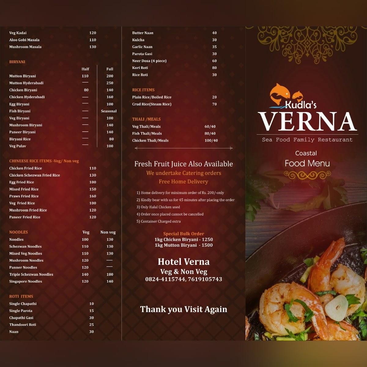 Menu at Hotel Verna Sea Food Family Restaurant, Mangaluru